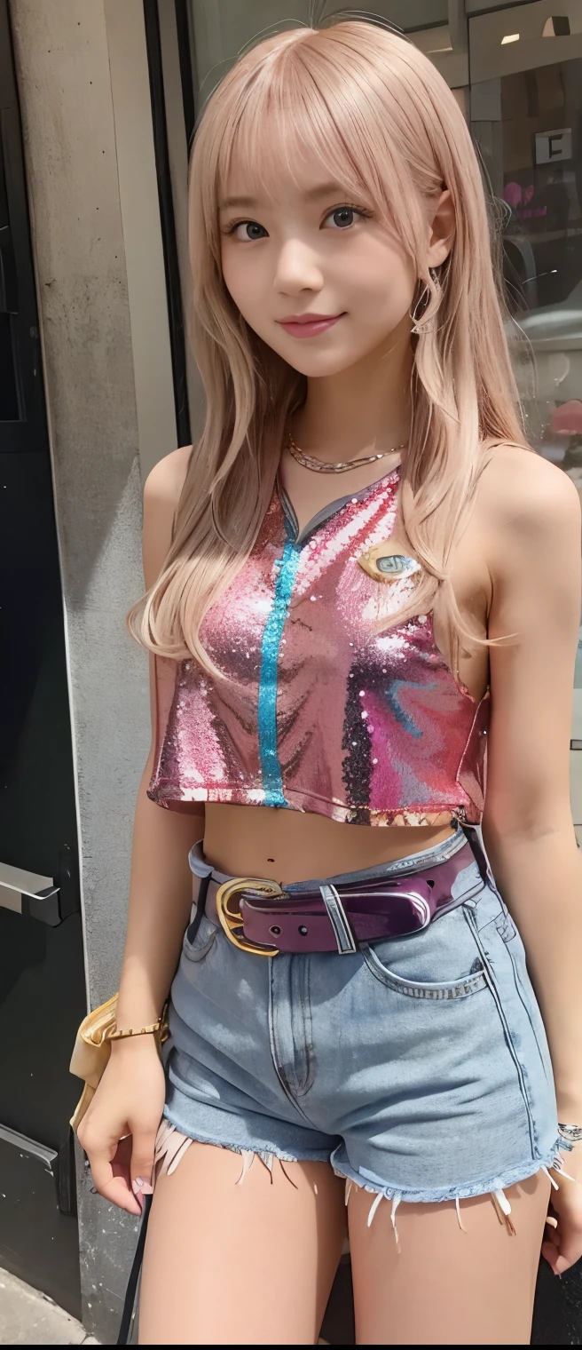 A close up of a woman in a pink top and blue shorts - SeaArt AI