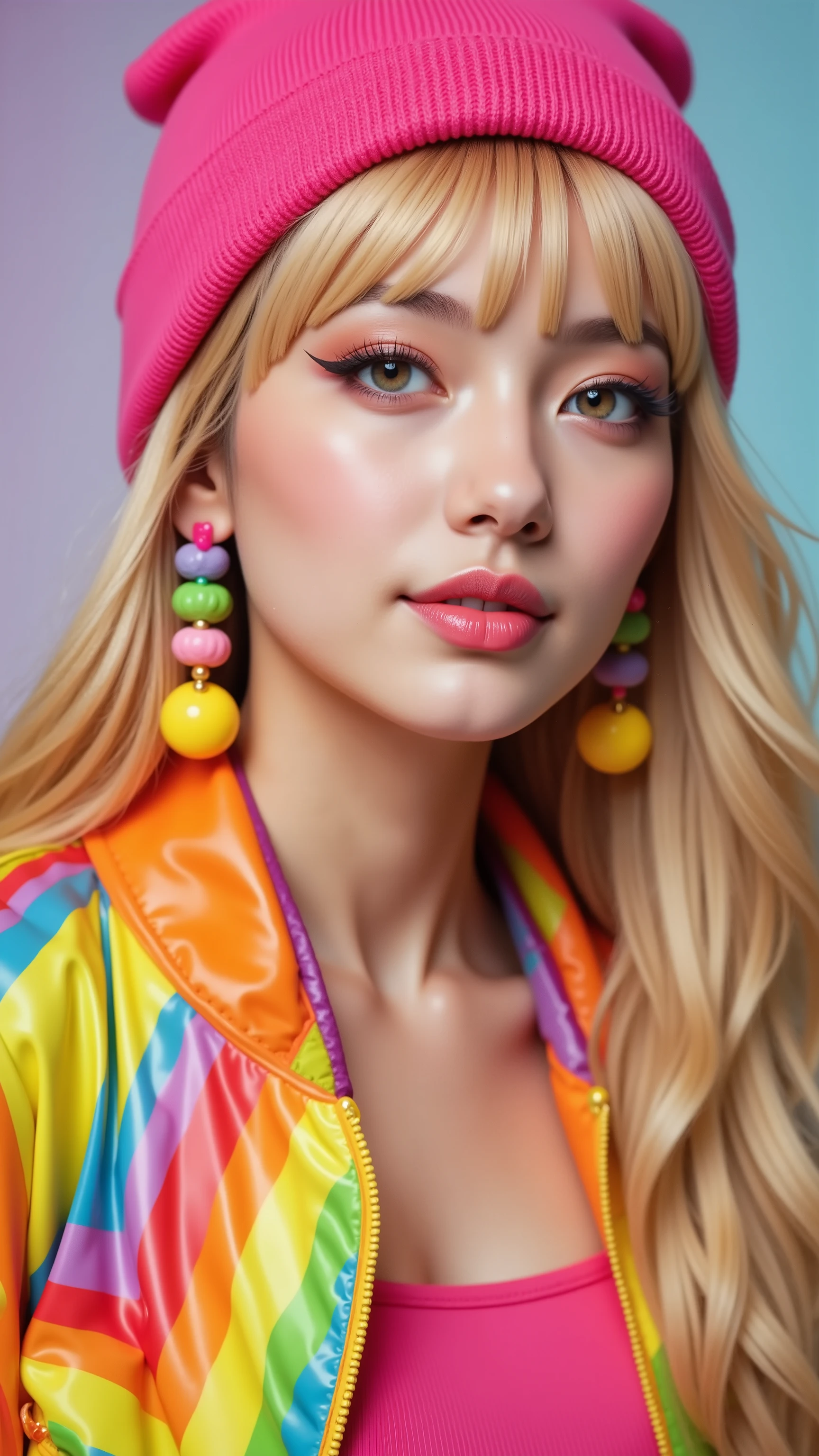 A close up of a woman with long blonde hair wearing a pink hat - SeaArt AI