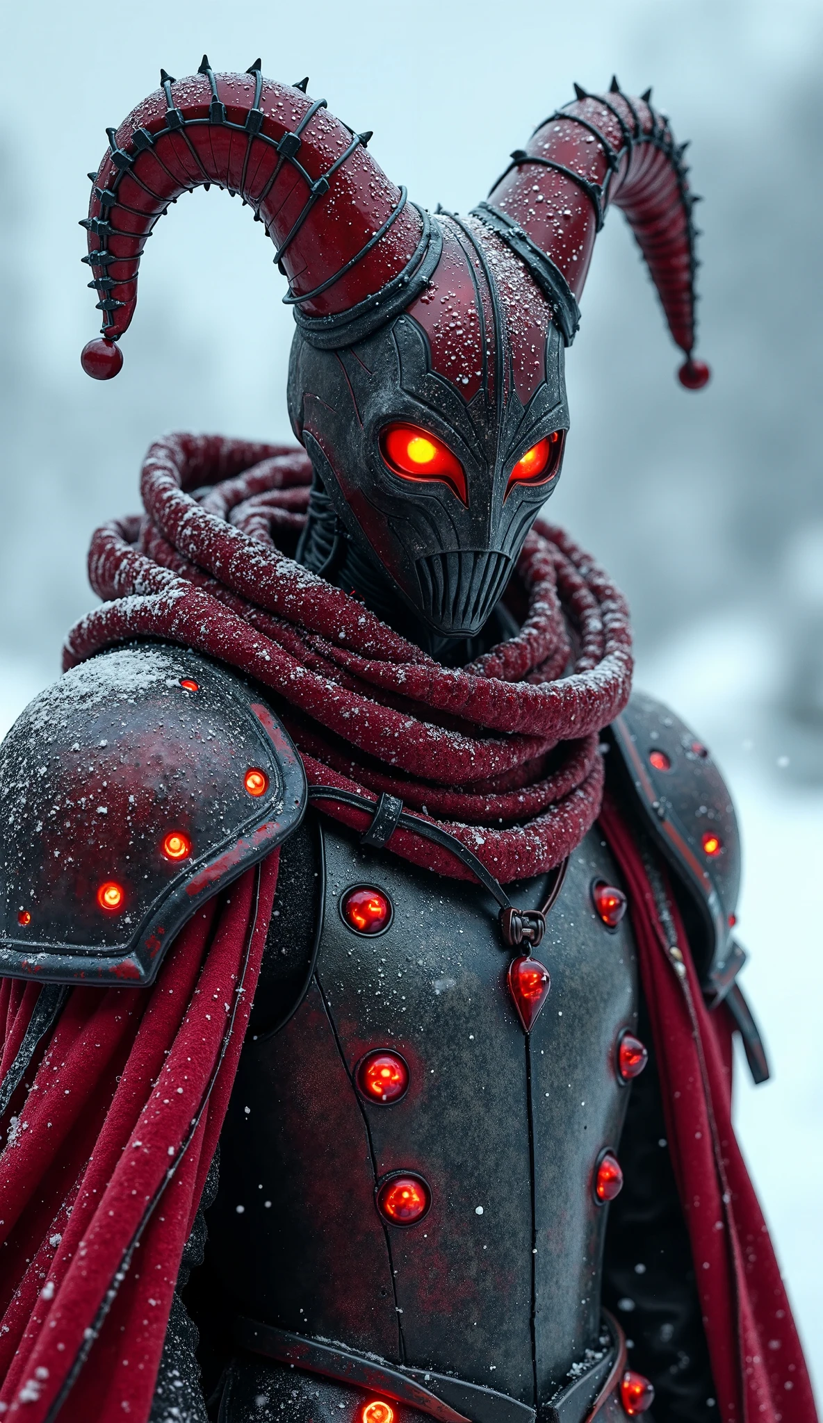 Arafed male in a red cape and black armor with red eyes - SeaArt AI