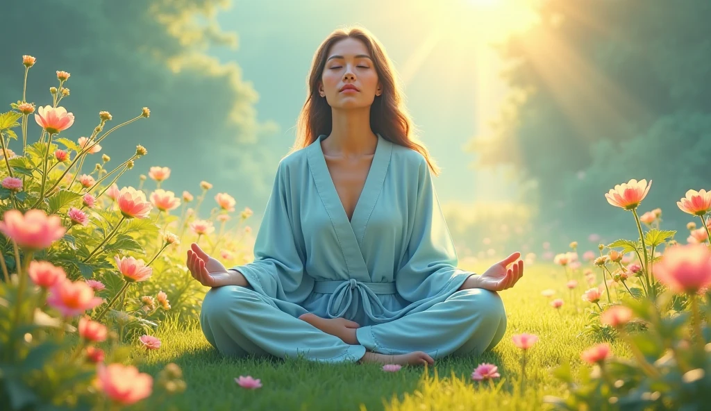 A peaceful woman meditating in the lotus position outdoors, surrounded ...