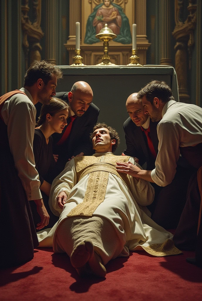 Image of a priest lying down the altar unconscious and five people are ...
