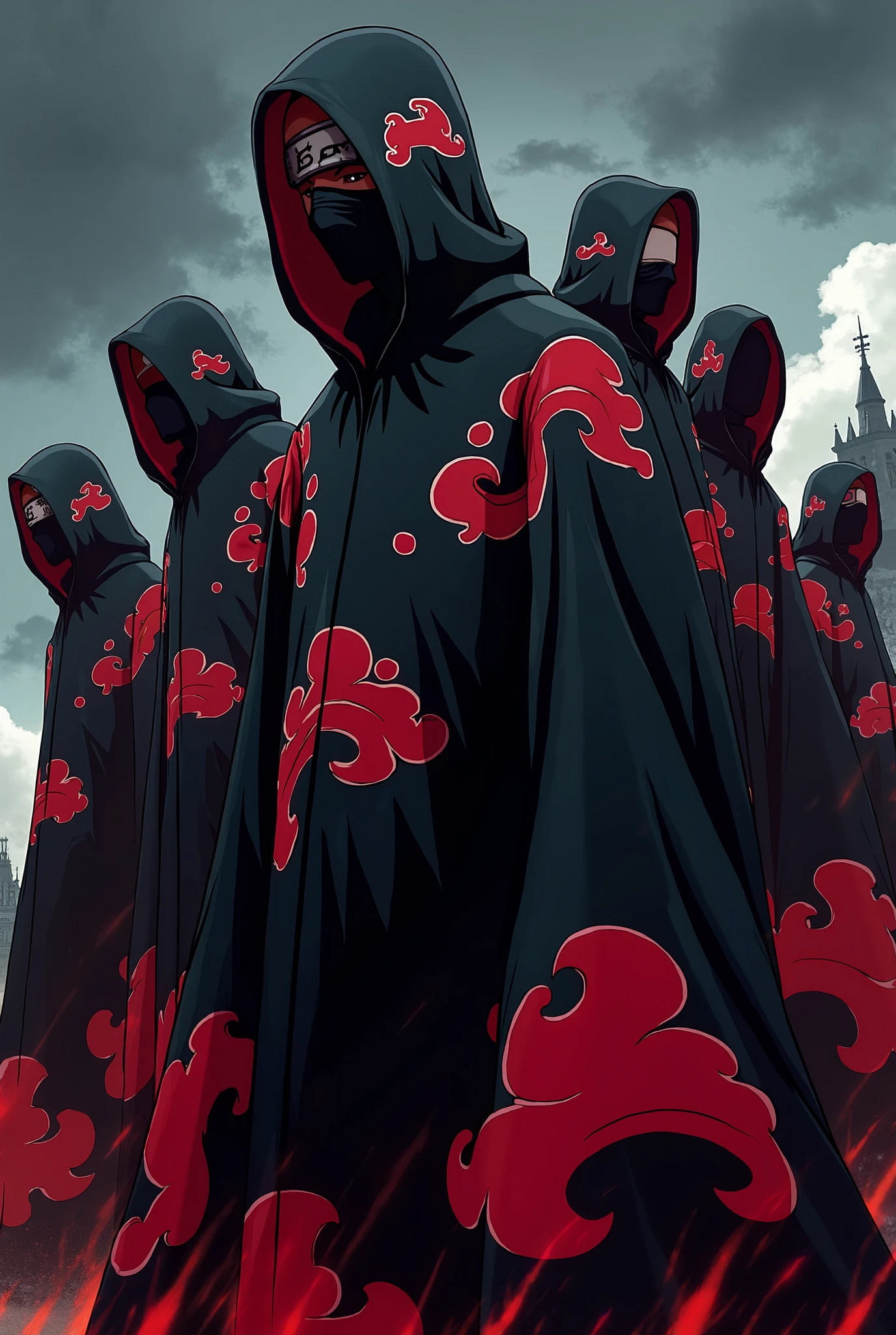 Anime characters in black robes with red designs on them - SeaArt AI