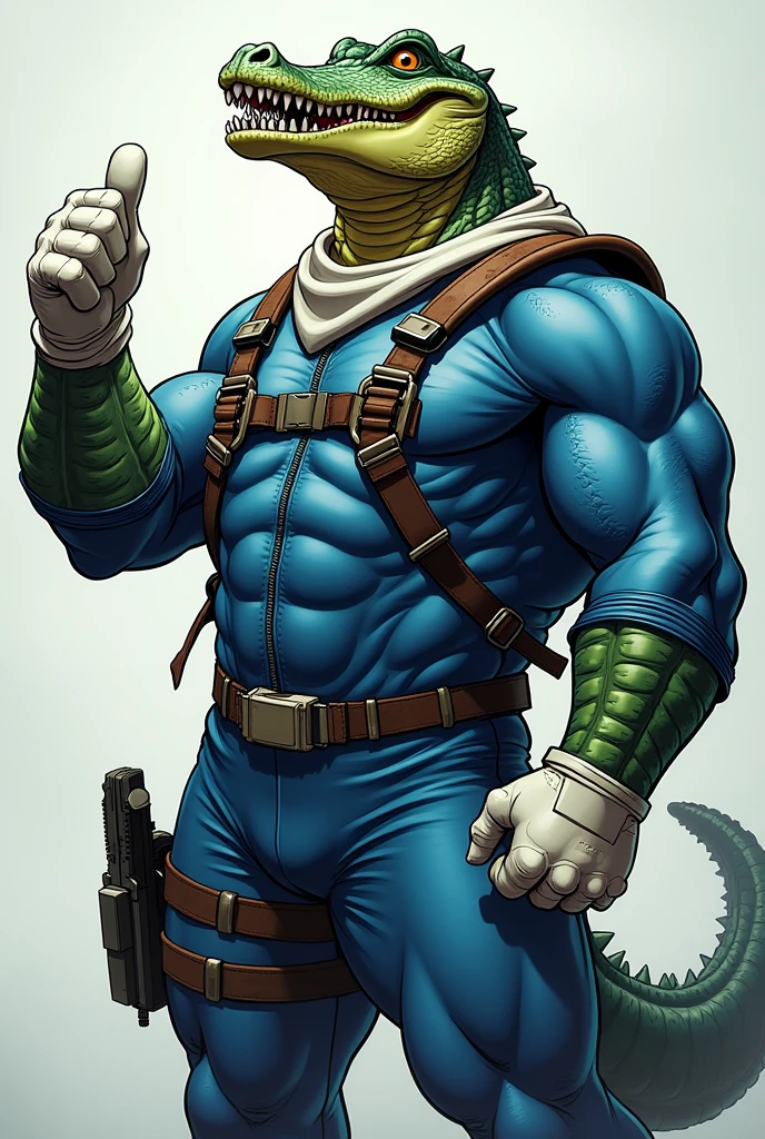 (A rugged beefy extremely muscular bulky smiling crocodile man ...