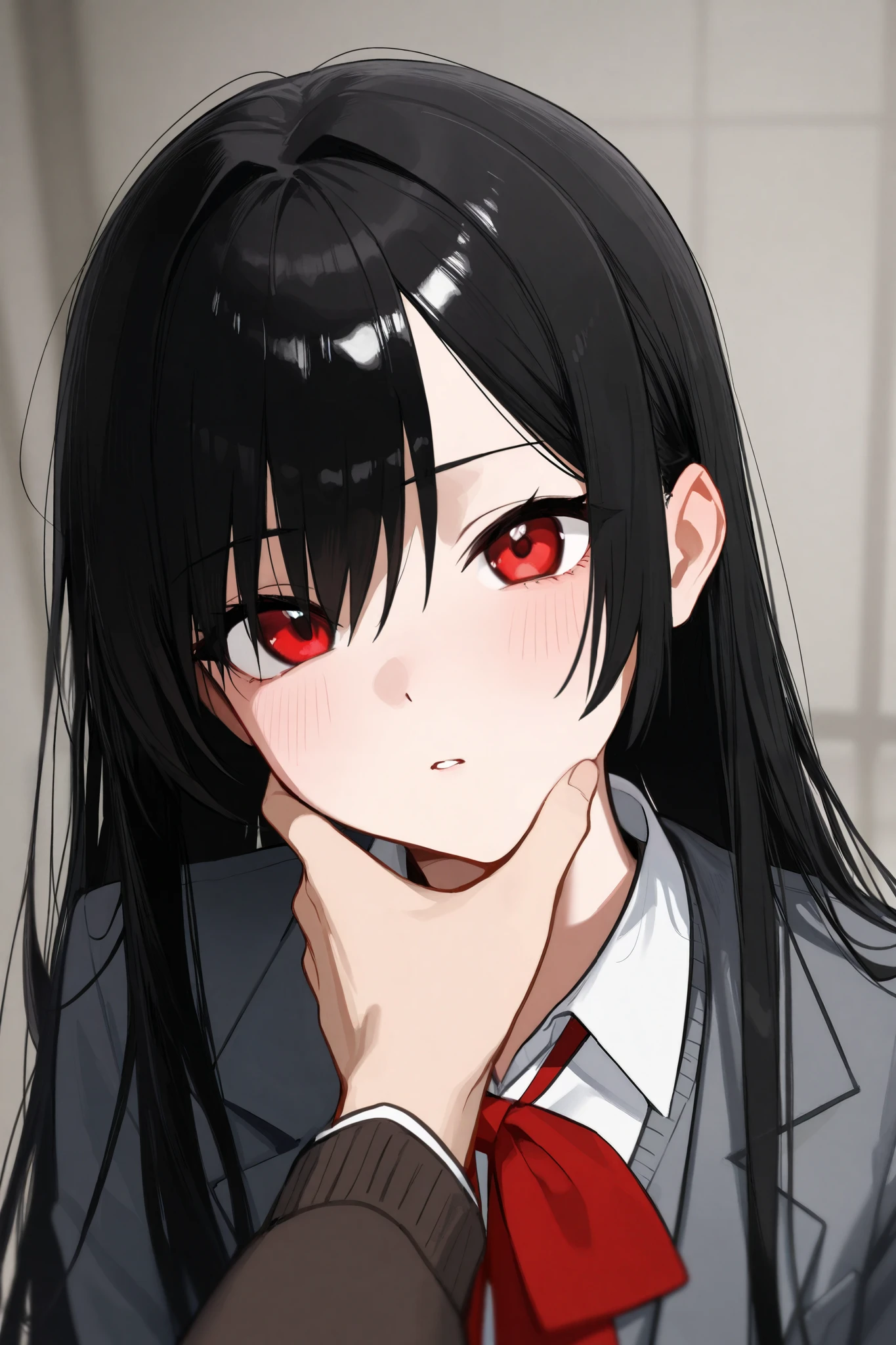 Anime girl with long black hair and red eyes wearing a suit - SeaArt AI