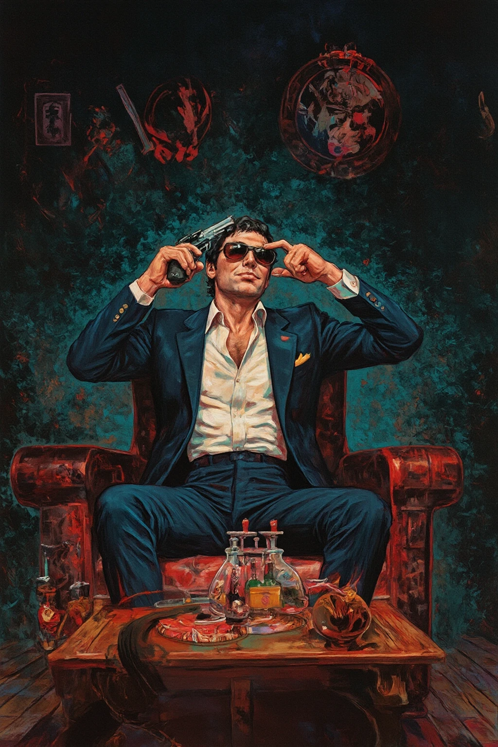 Russian Rouletteの様子, sitting on a chair in a dimly lit room and ...