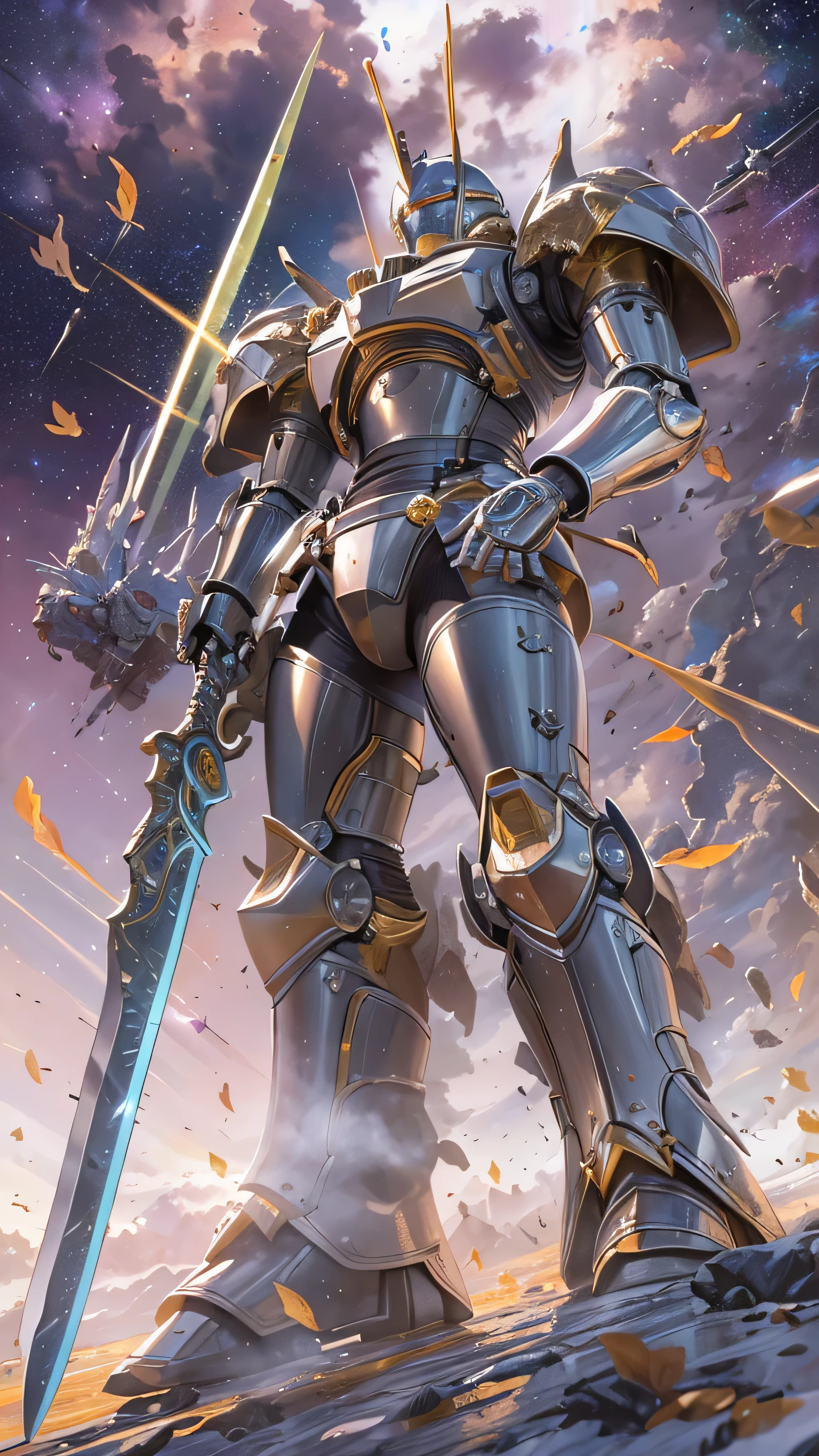 A close up of a robot with a sword in a field - SeaArt AI