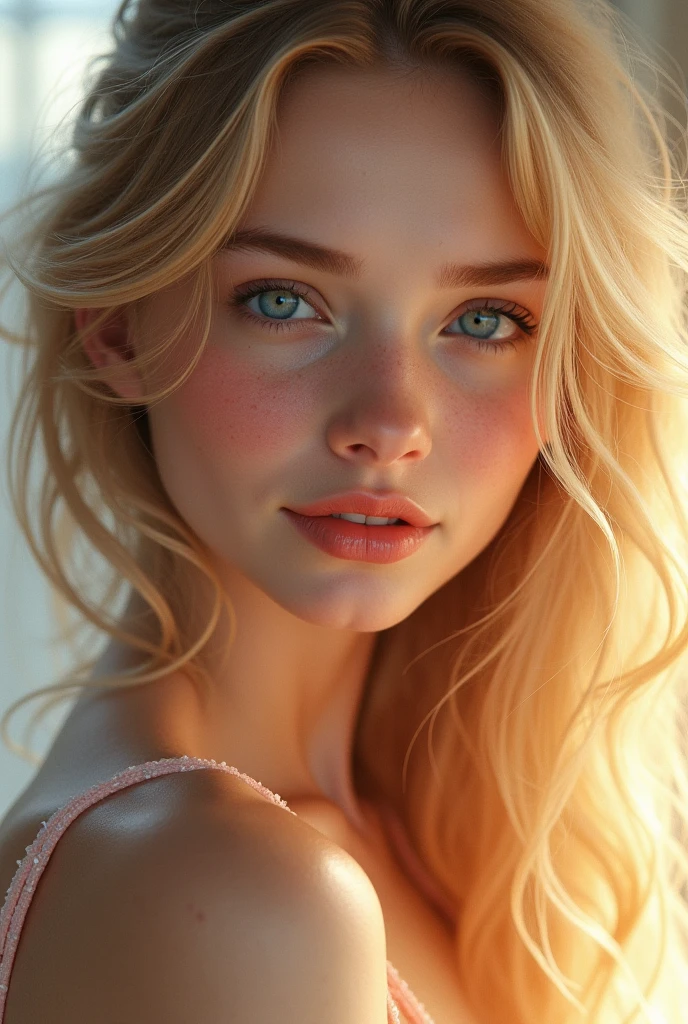 Girl , blonde hair, blue eyes, dimples on cheeks, plump, pink lips ...