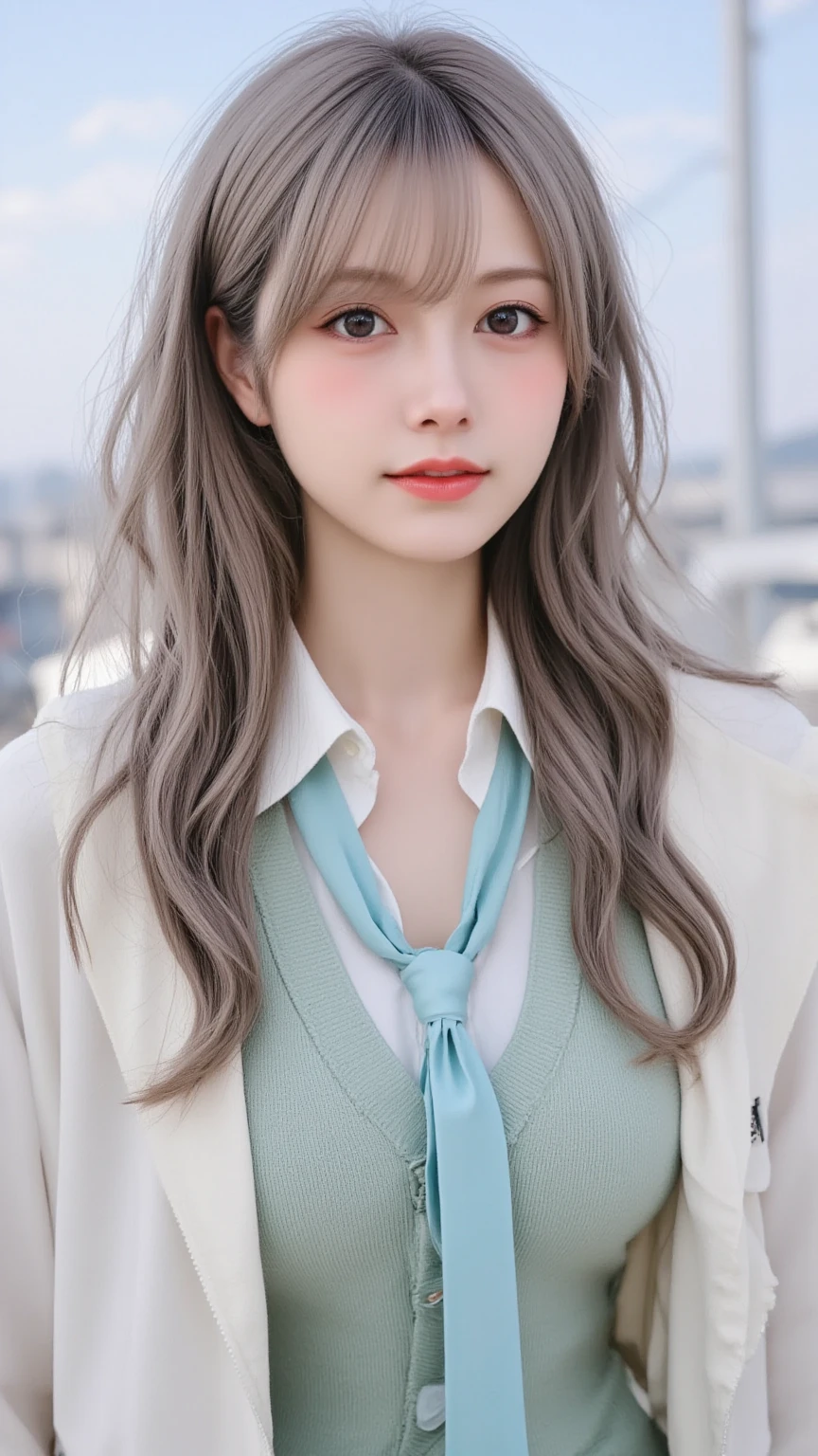 young Japanese woman ，Big Breasts，Upper chest， Tiffany blue on the ...