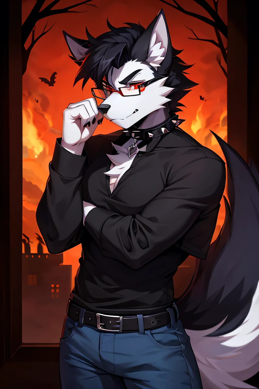 Anime - style picture of a man with a wolf like face and a black shirt ...