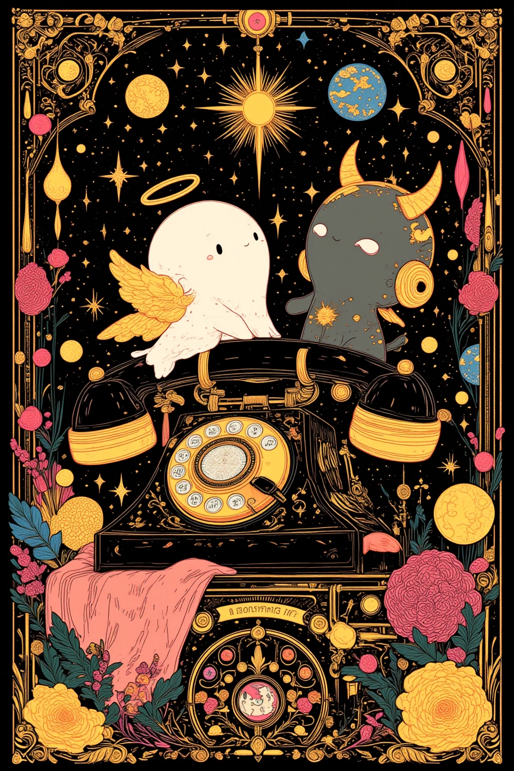 There is a picture of a cute angel and a cute devil on an antique black ...