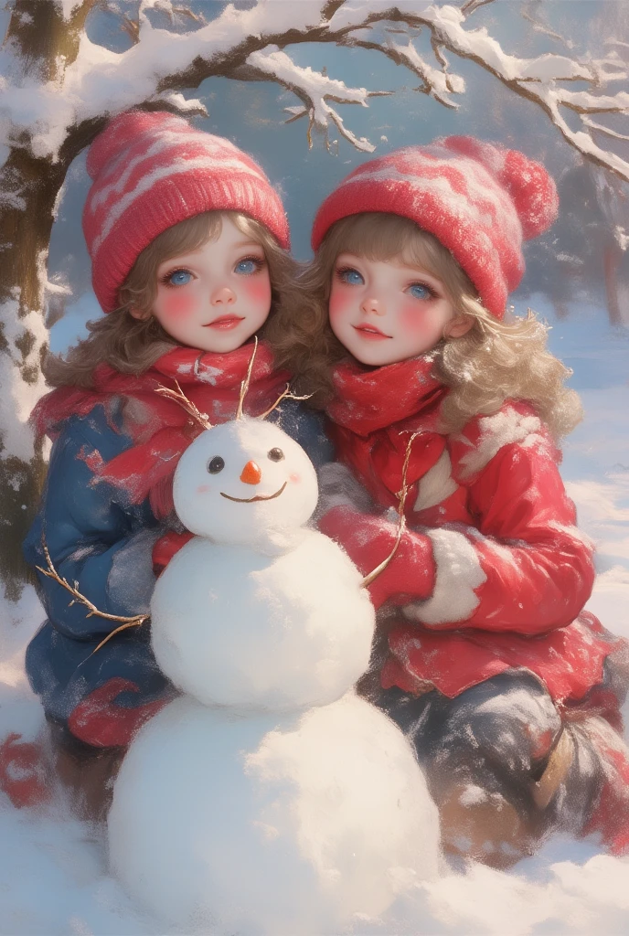 Cute s having fun making snowmen。 cheeks dyed red 、 Warmly wrapped in ...