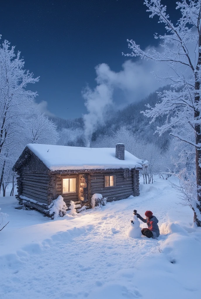 while snow falls and piles up 、 I can see log huts that give off warm ...
