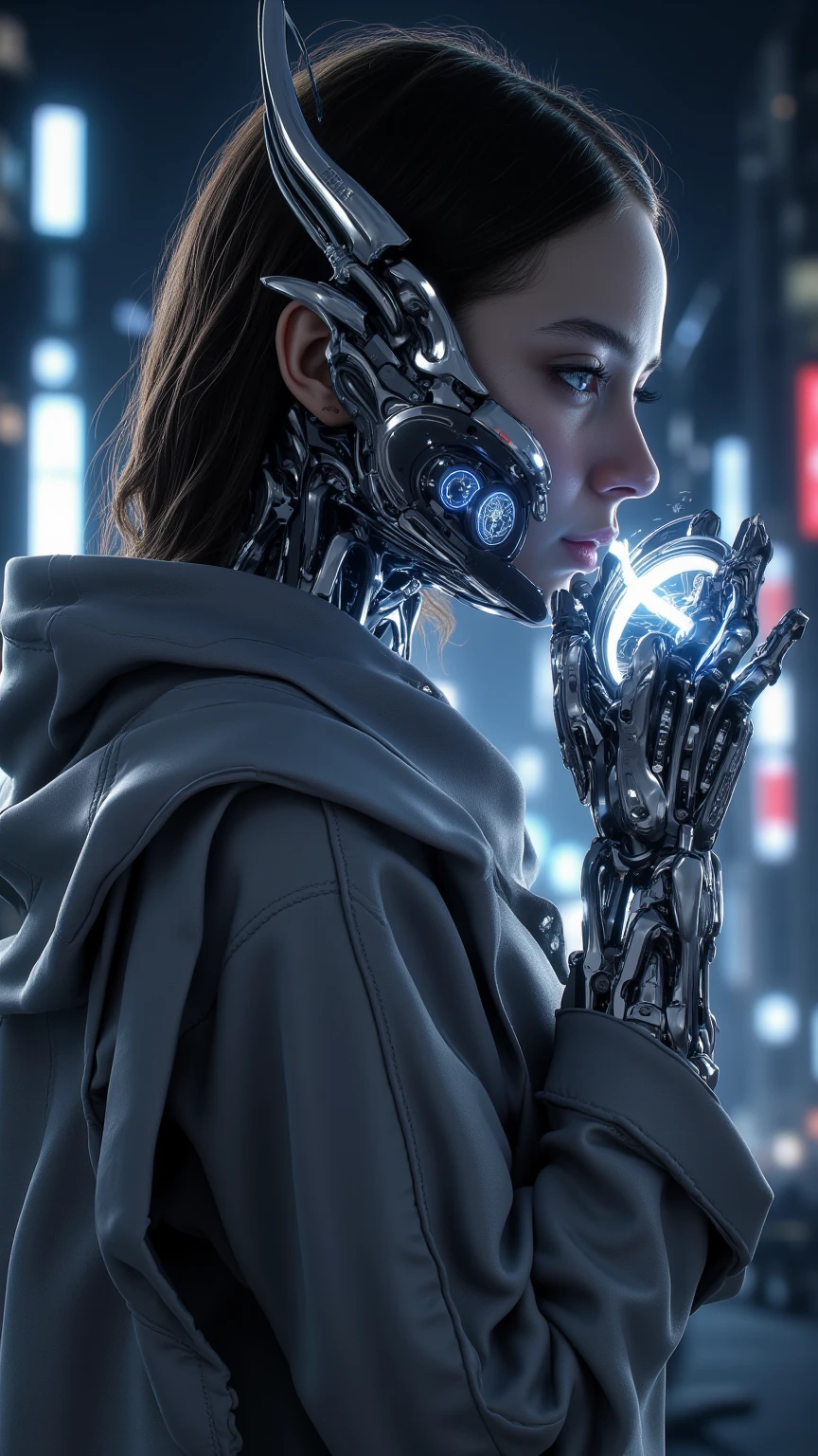 A futuristic cyberpunk scene， with divine goddess ， mechanical implant ...