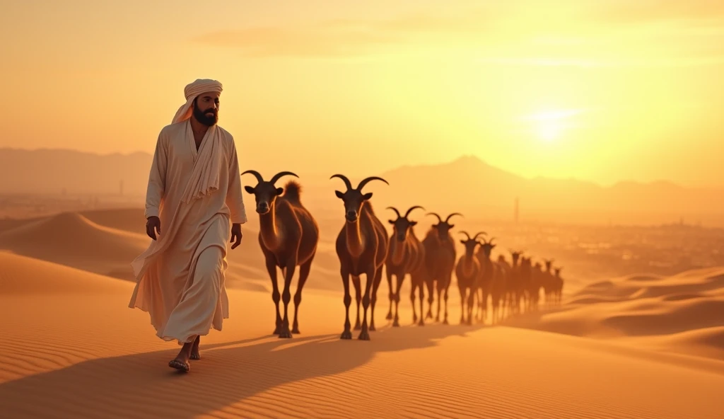 A serene desert landscape at sunrise, with a humble merchant leading a ...