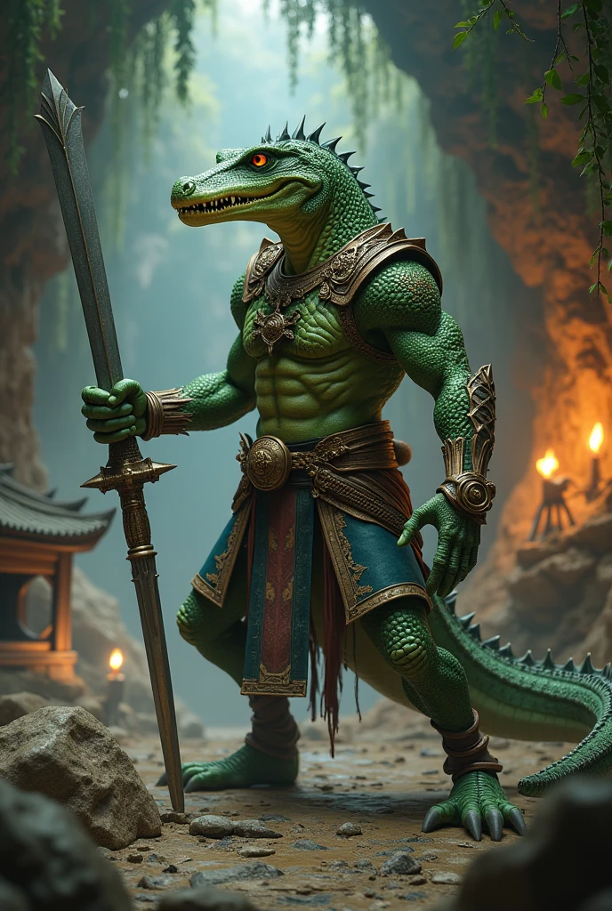 A green lizard man with a crocodile-like head dressed as an ancient ...