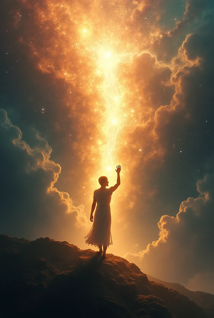 { "prompt": "A radiant humanoid figure made of light reaching out to ...