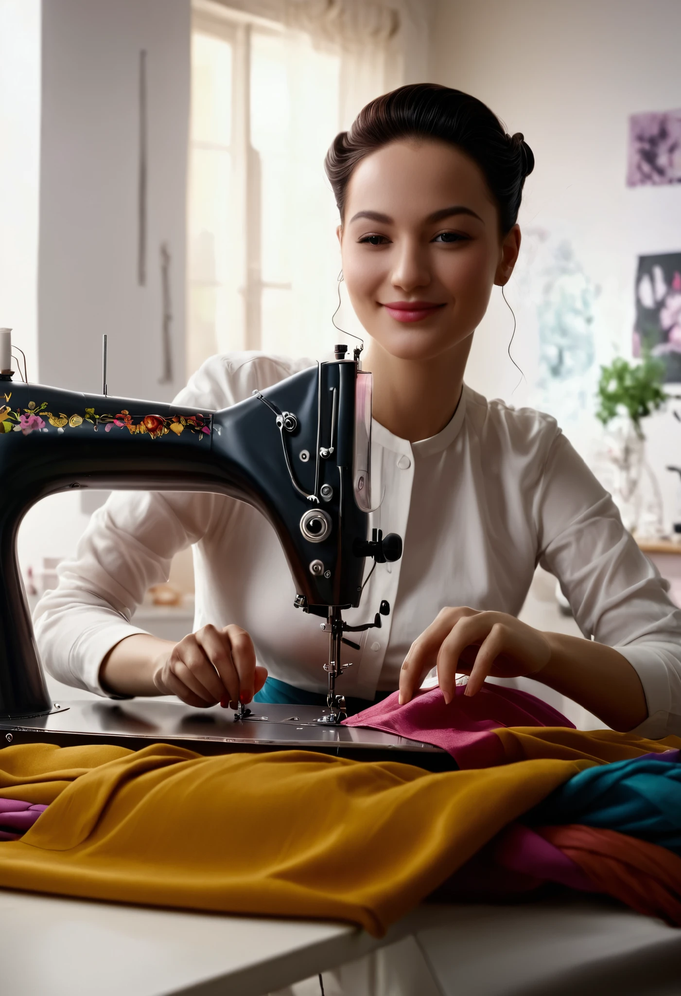 Woman sitting at a table with a sewing machine and a pile of colorful ...