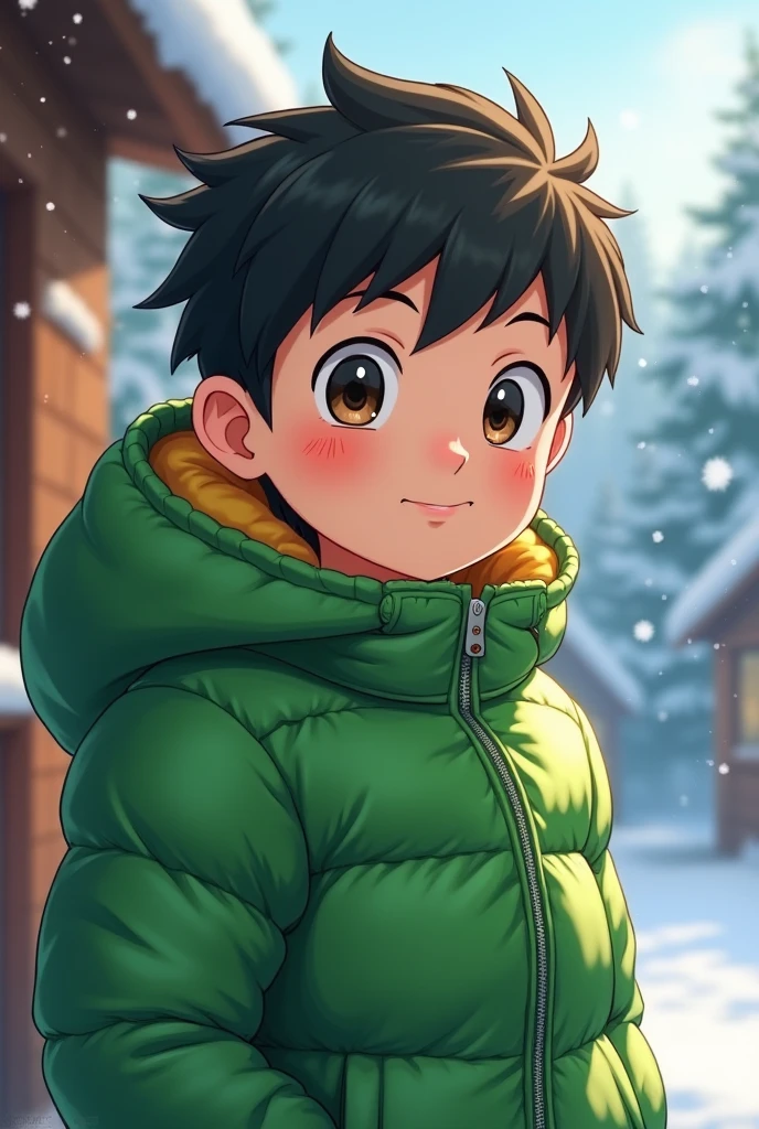 Boy with green down jacket anime - SeaArt AI