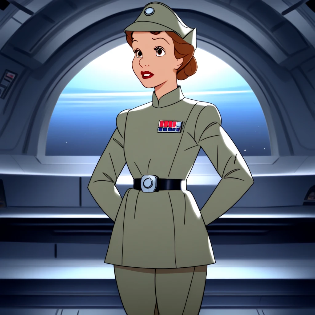 Score_9, solo, pretty age girl in dark olive gray imperial officer ...