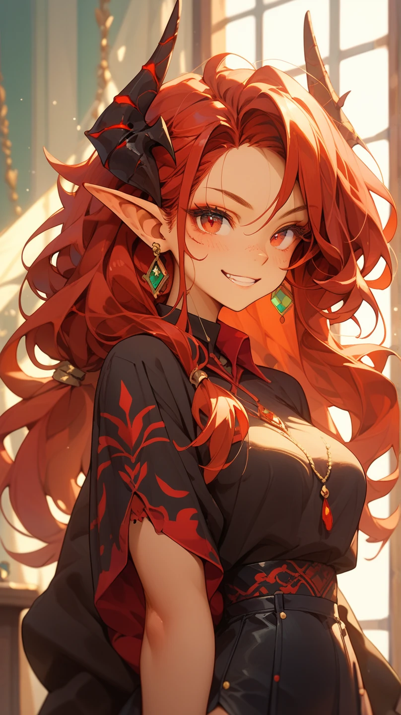 Red haired woman, red eyes, black clothes, seductive smile - SeaArt AI