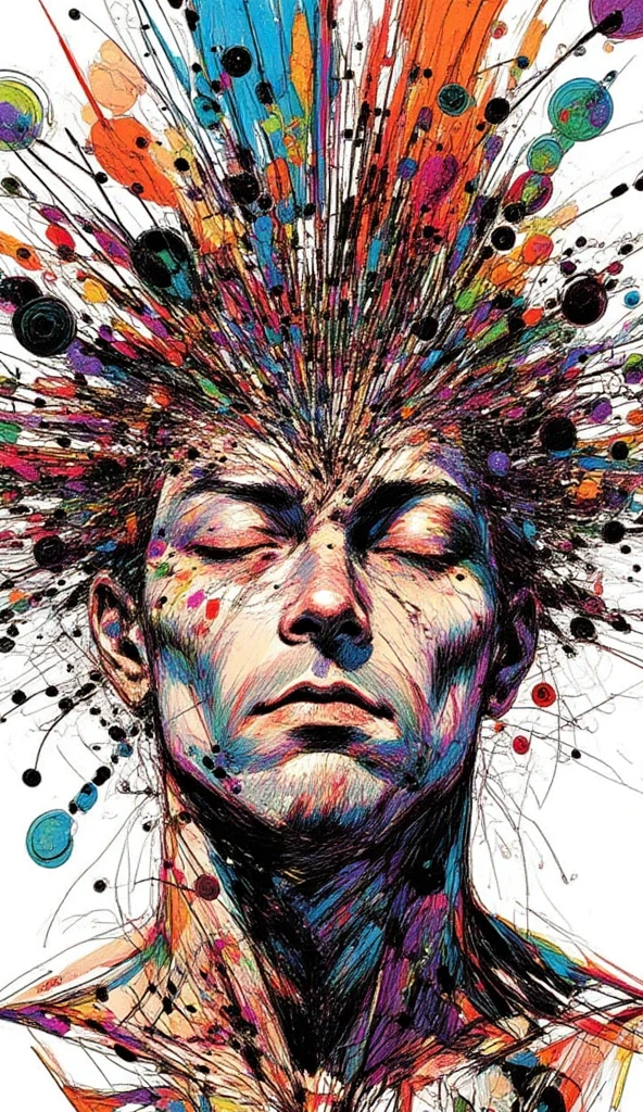 Squiggly line art, a man with closed eyes, head exploded with chaotic ...