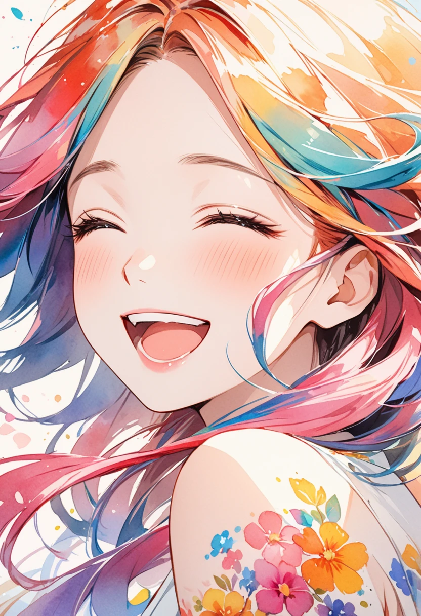 強烈な水彩画、長くて色鮮やかな髪の女性の絵画、可愛くて美しい詳細な顔 、( 目を閉じる、 口を開けて笑っている顔)、 美しいデジタルイラストを ...
