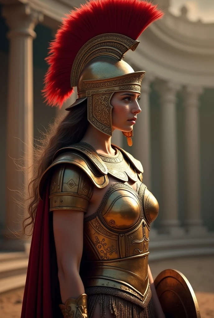 A beautiful woman has a Greek hoplite helmet with a red plume on her ...
