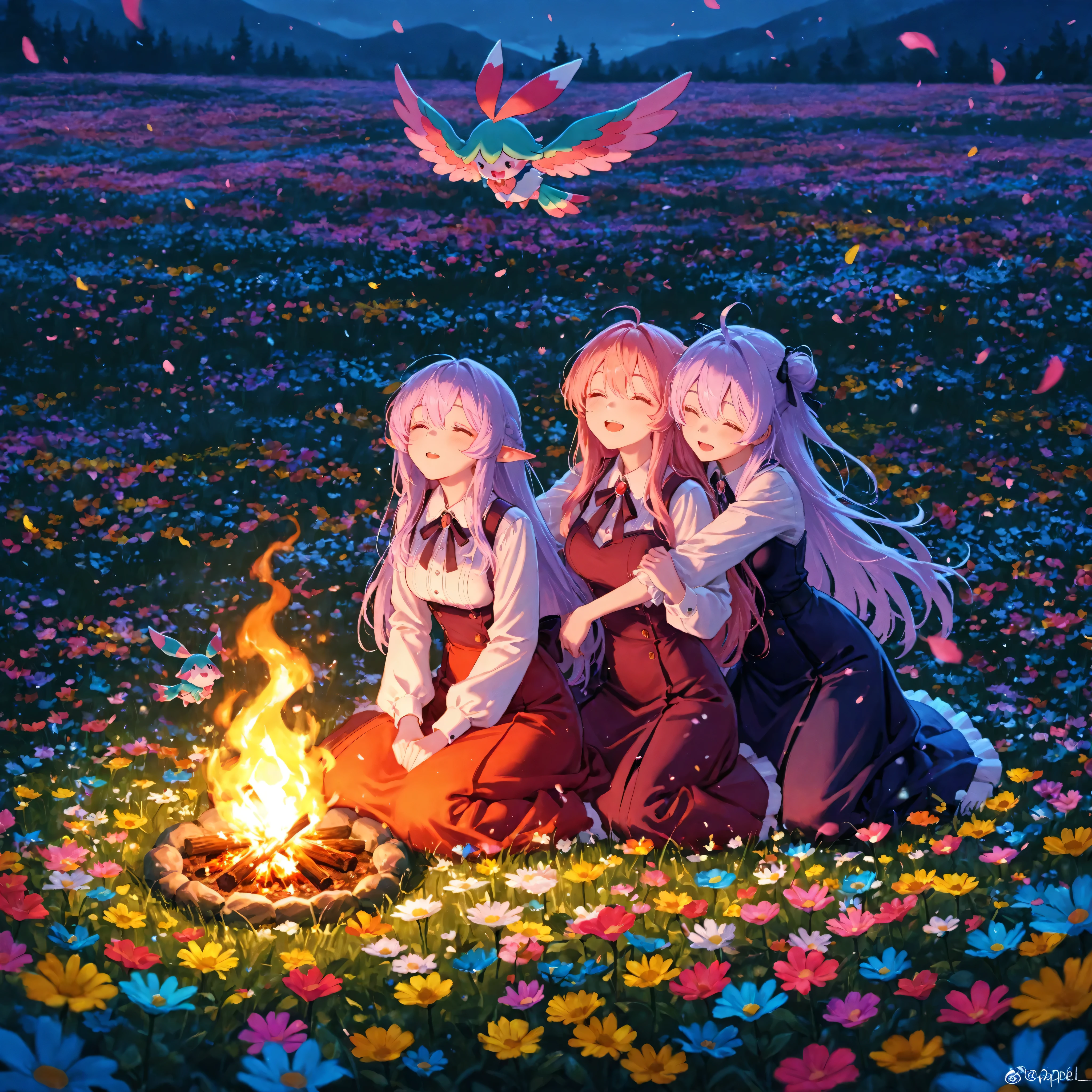 Anime girls sitting in a field of flowers with a bird flying overhead ...