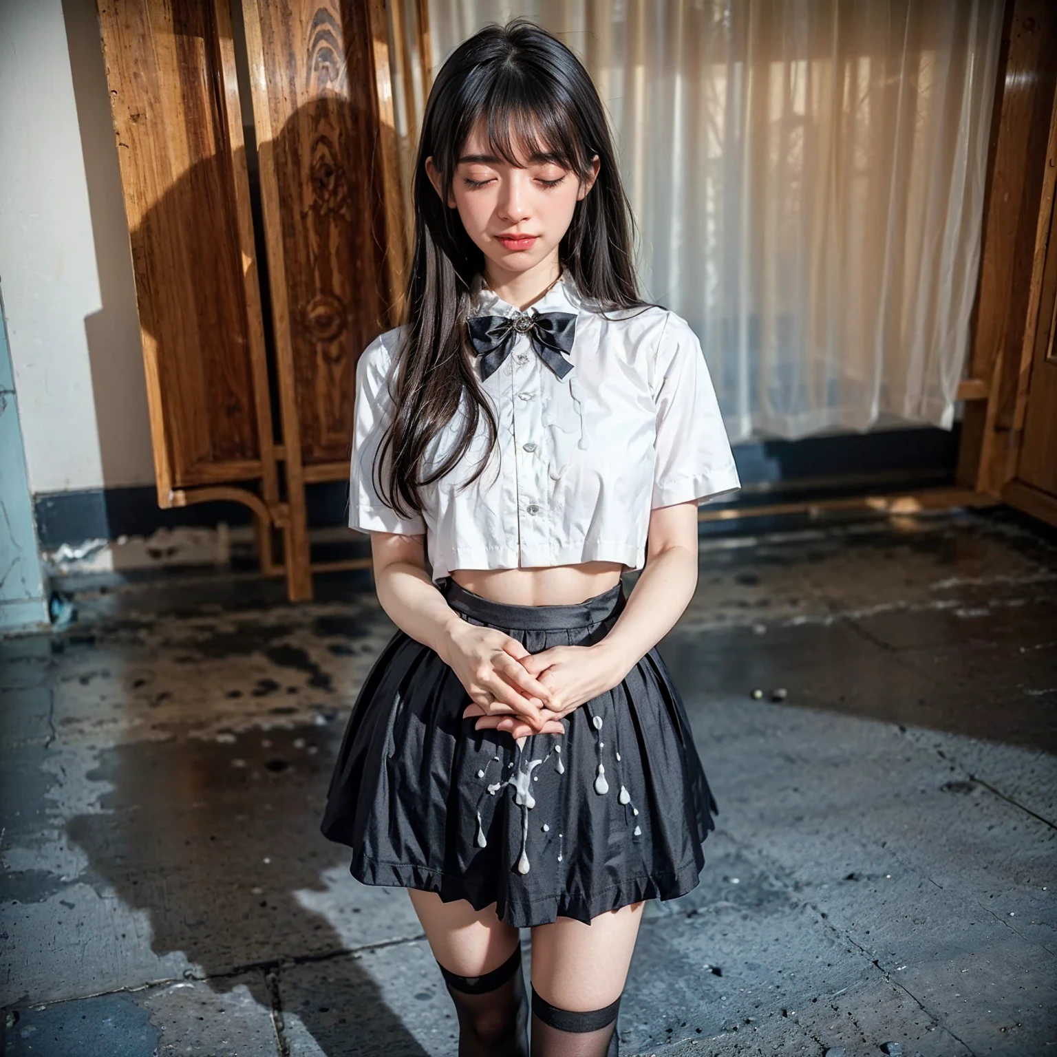 Arafed asian woman in a skirt and a white shirt posing for a picture - SeaArt AI