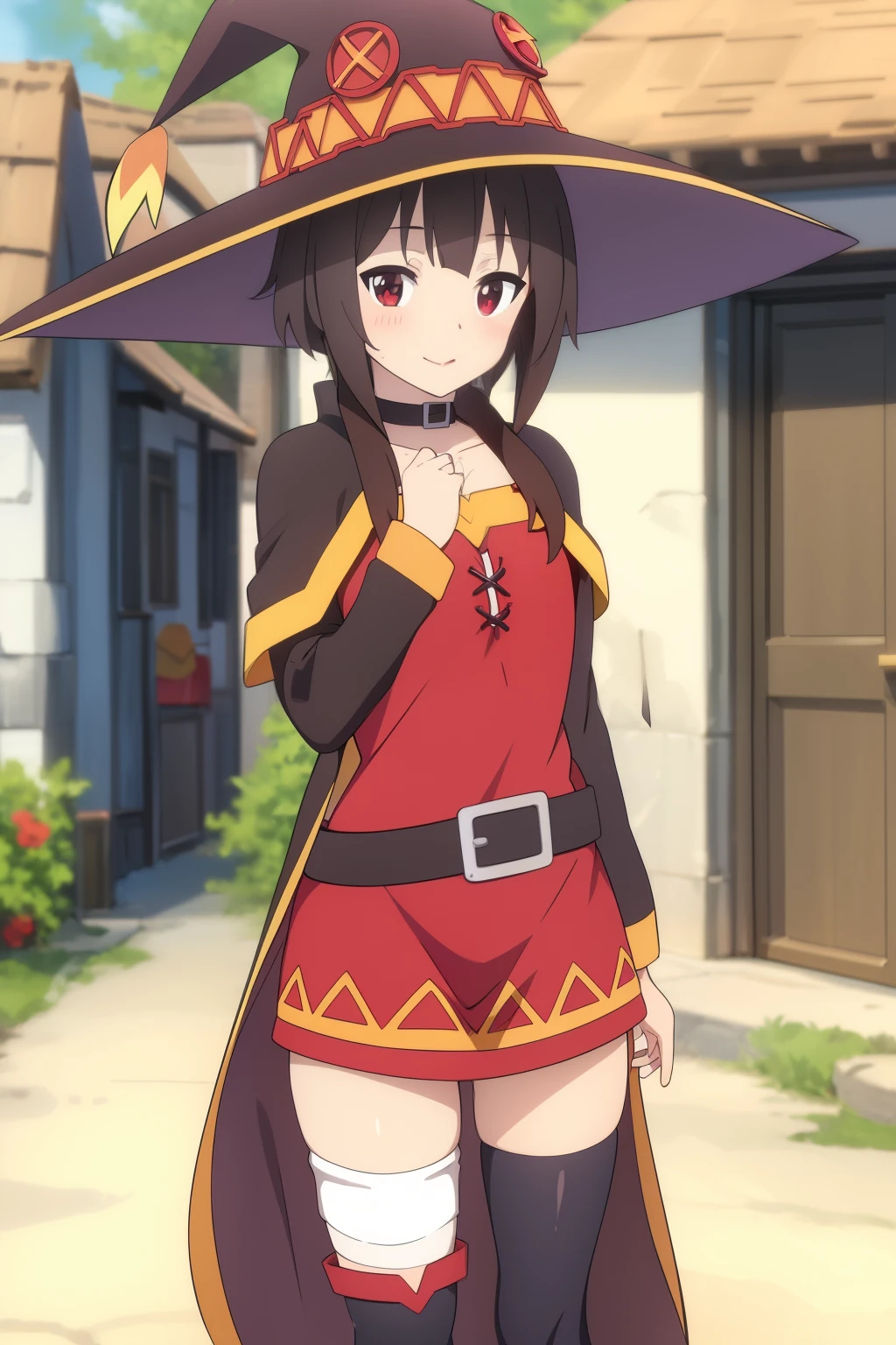 Anime girl in a witch costume standing in front of a house（megumin ...