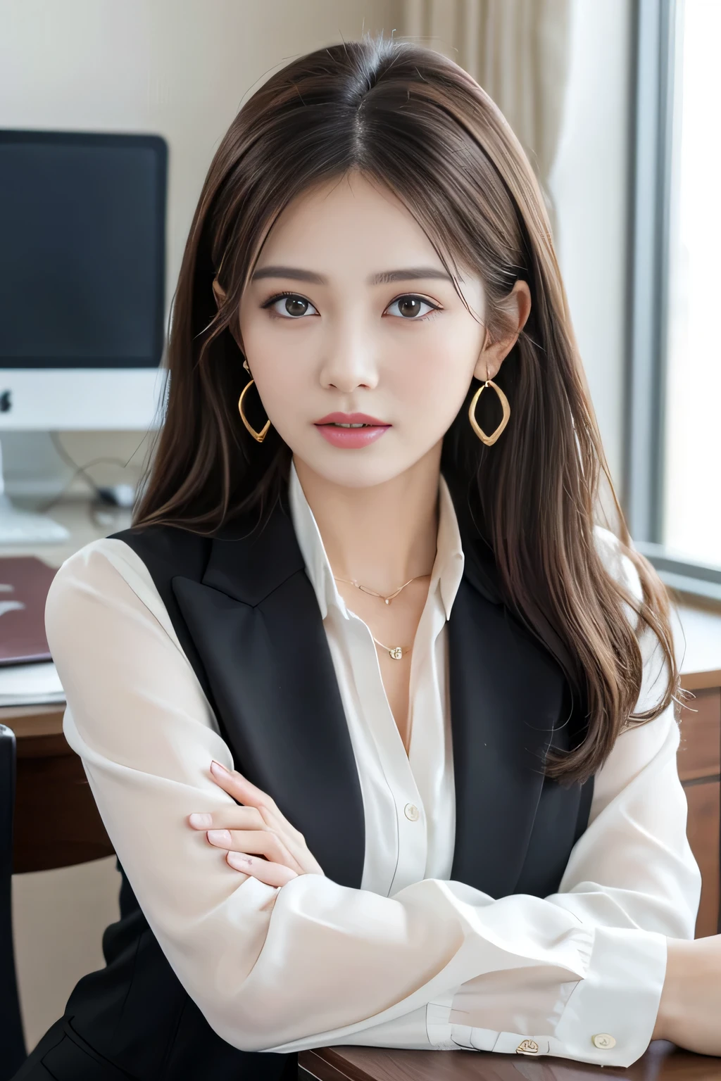 Arafed woman sitting at a desk with her arms crossed - SeaArt AI