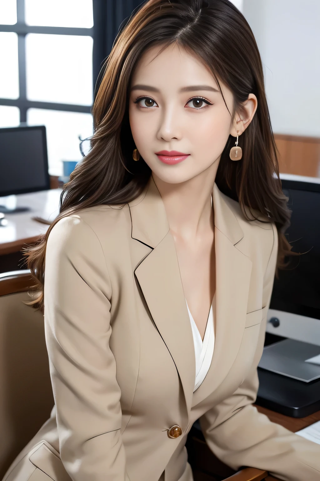 Arafed woman in a tan suit sitting at a desk with a computer - SeaArt AI