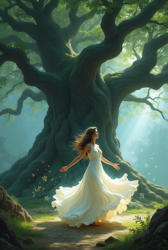 Witch sorcerer wearing a white dress, dancing under a big tree - SeaArt AI