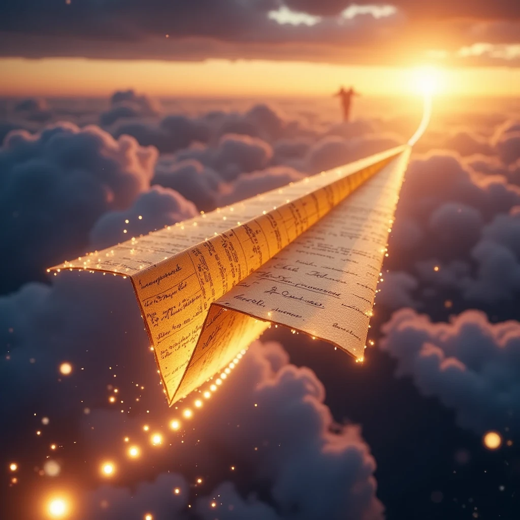 A stunning and symbolic scene of a glowing paper airplane soaring ...