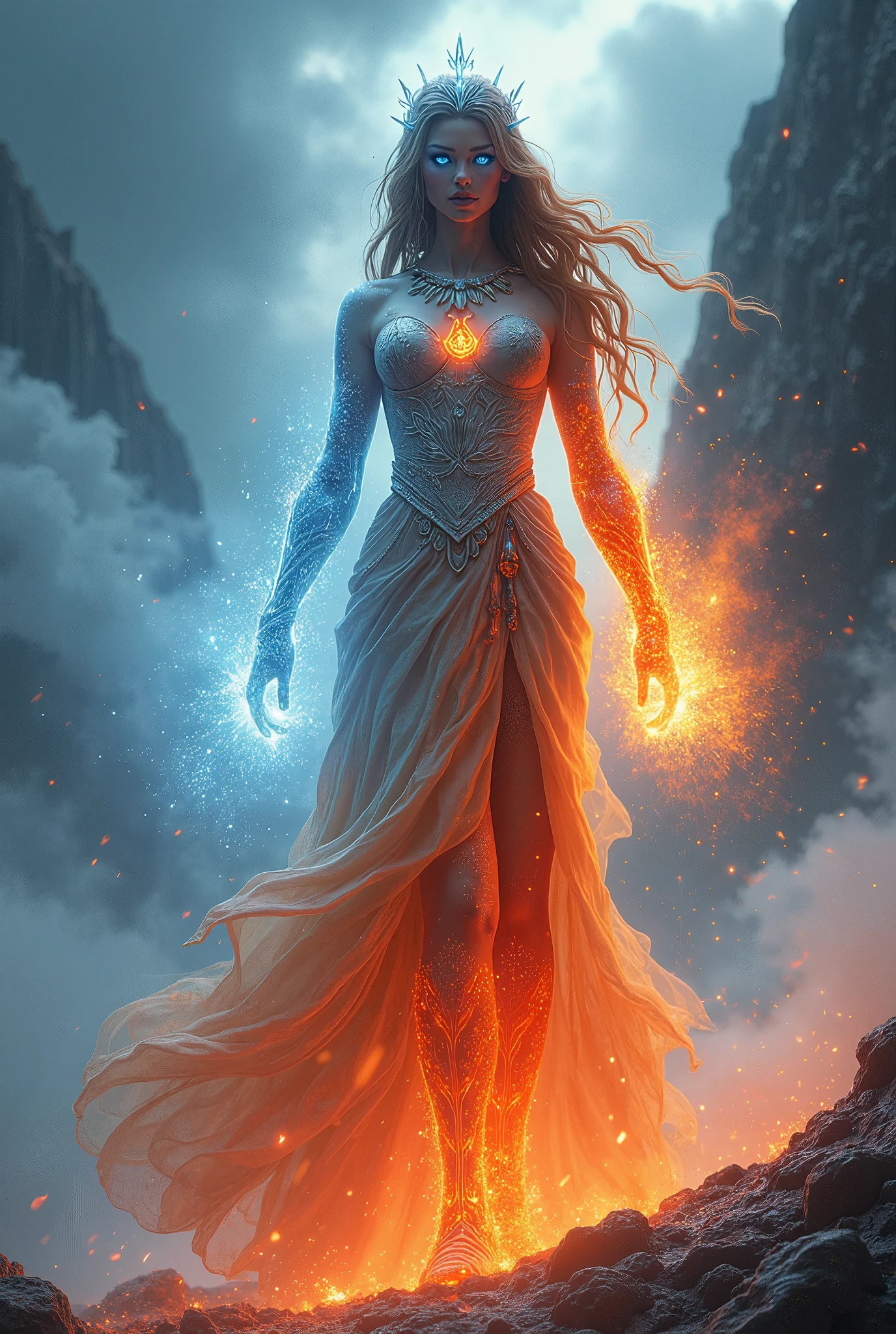 Arafed woman in a white dress walking on a rocky hill - SeaArt AI