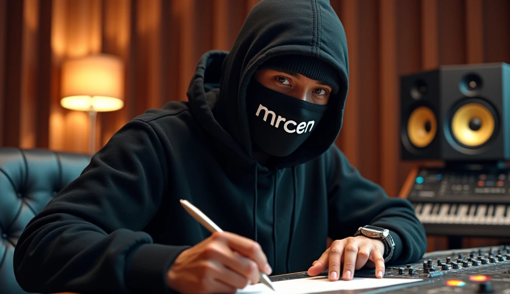 Rapper, boy, in studio, "MrCeon" Face have Mask, write at also Mask ...