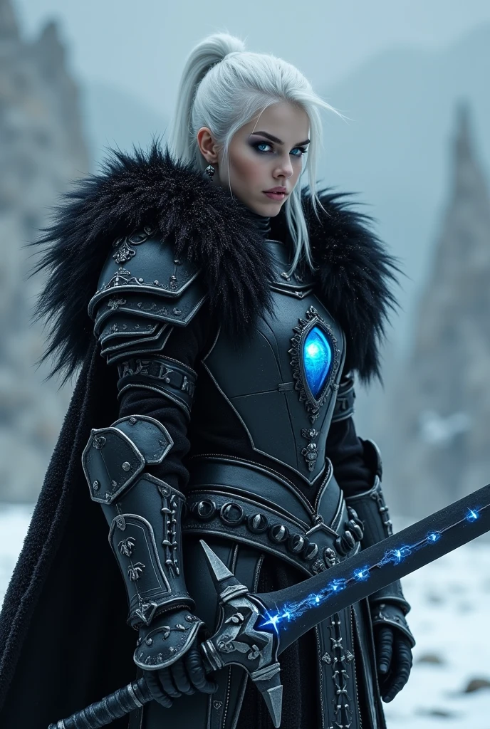 Female Death knight with glowing blue eyes wearing thick black spiky ...