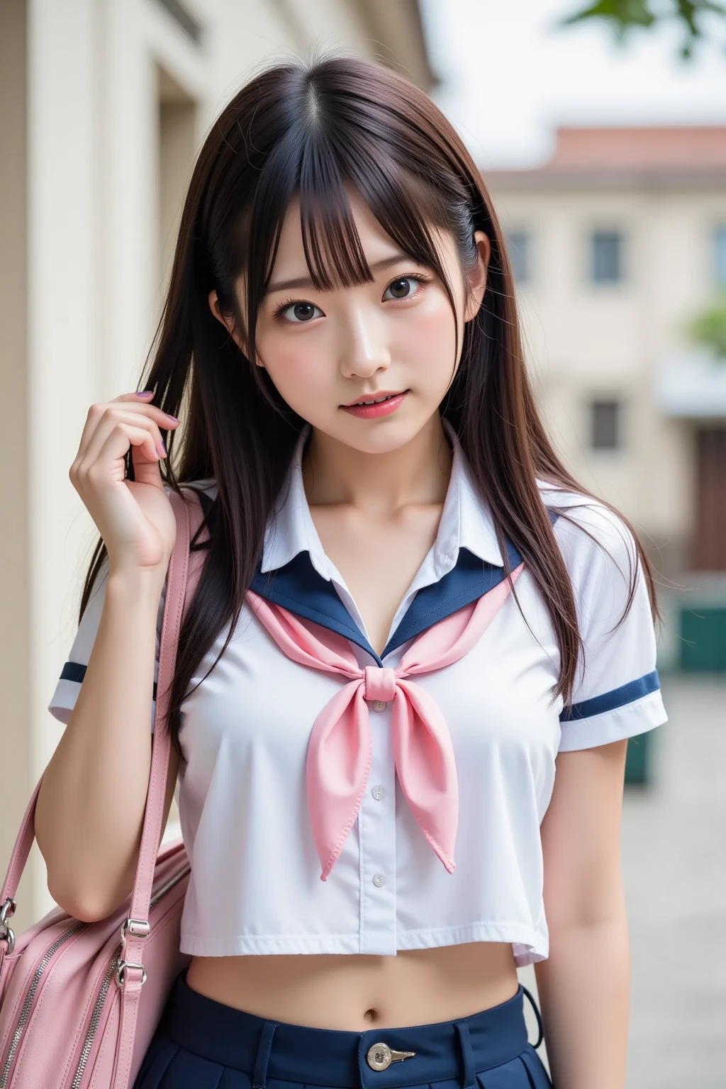 1girl, from behind, school uniform, skirt, bag, blurry, serafuku ...