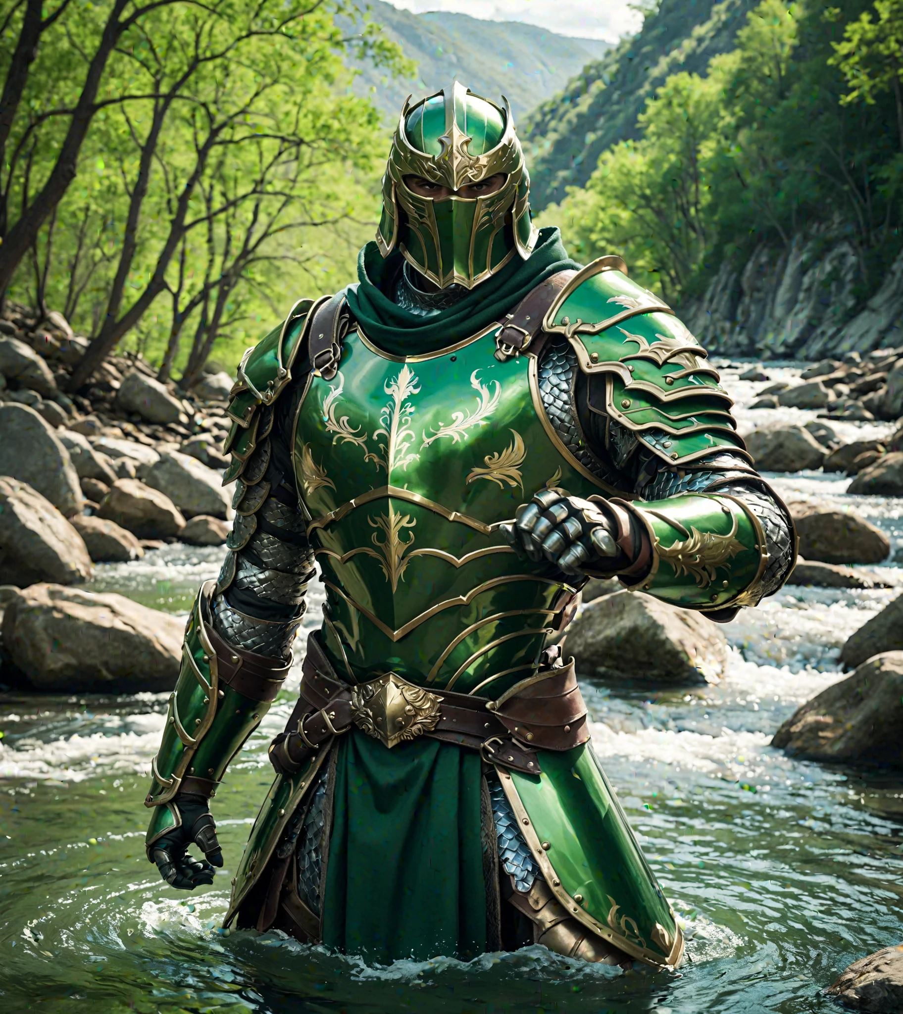 I'm wearing green armor， with hidden faces ， eyes are shining - SeaArt AI