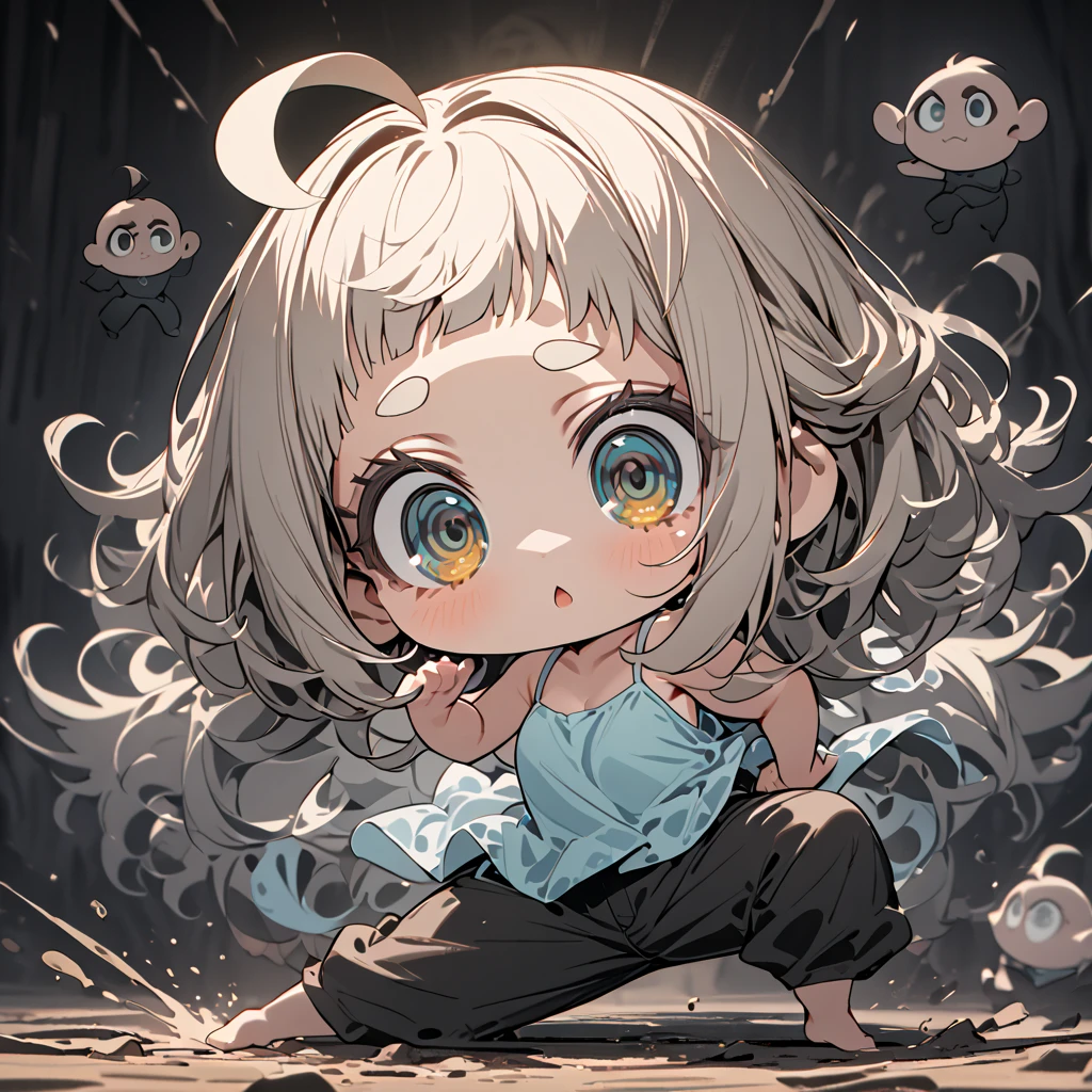 1 woman, two-head-proportion super-deformed chibi character, kicking ...