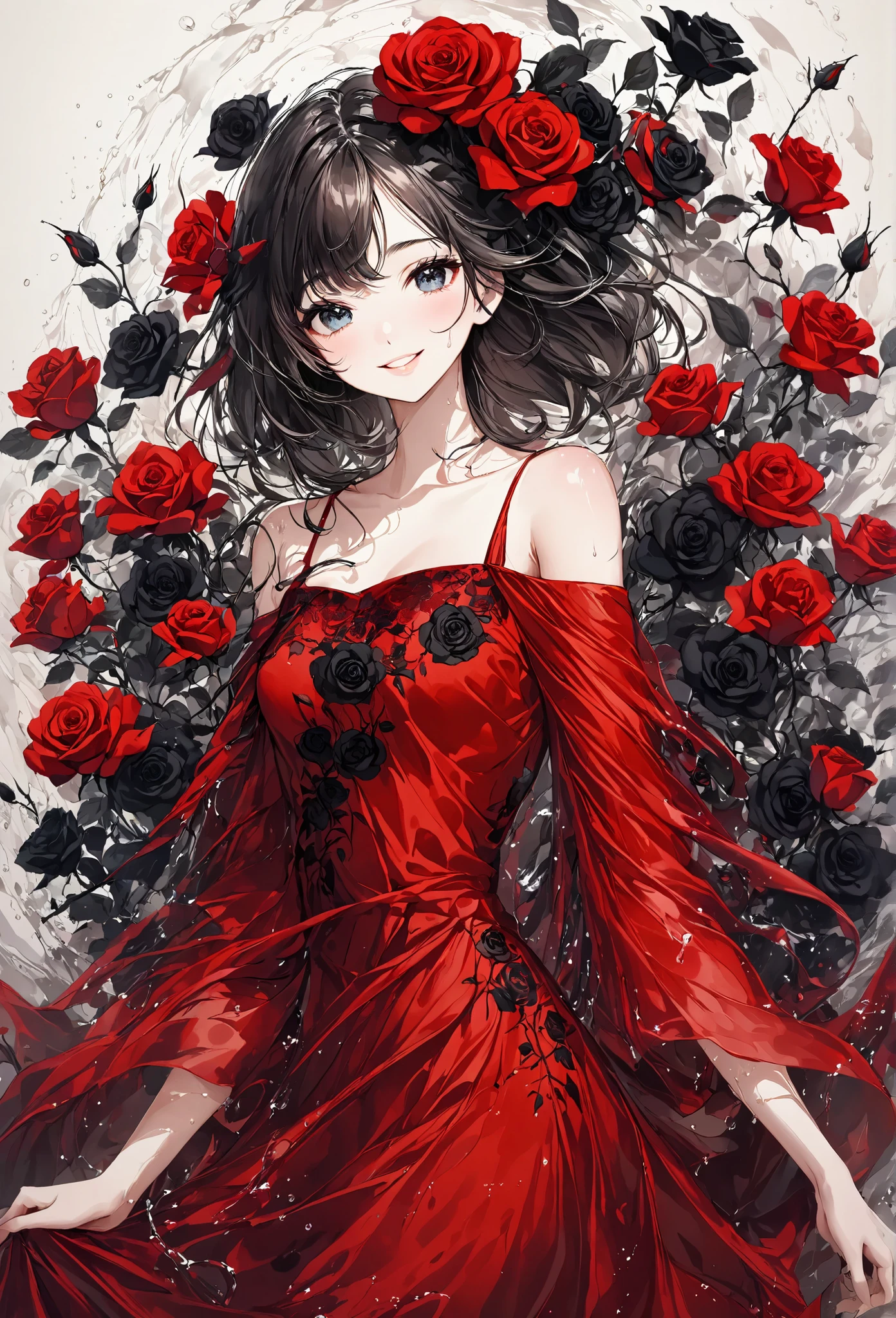 Anime girl in red dress with roses and black and white background ...
