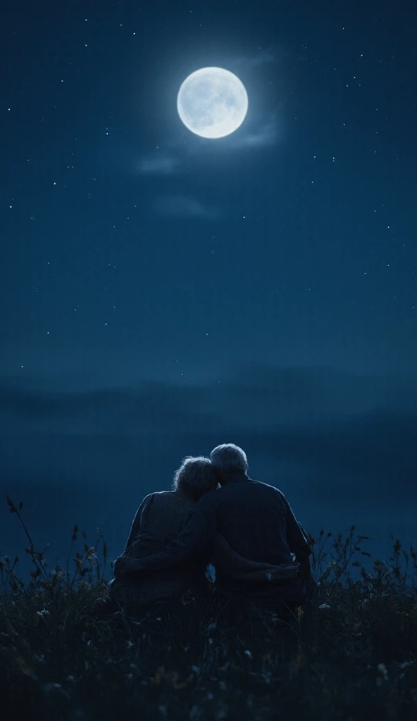 An old couple sitting under the moonlight, lying head on shoulder ...
