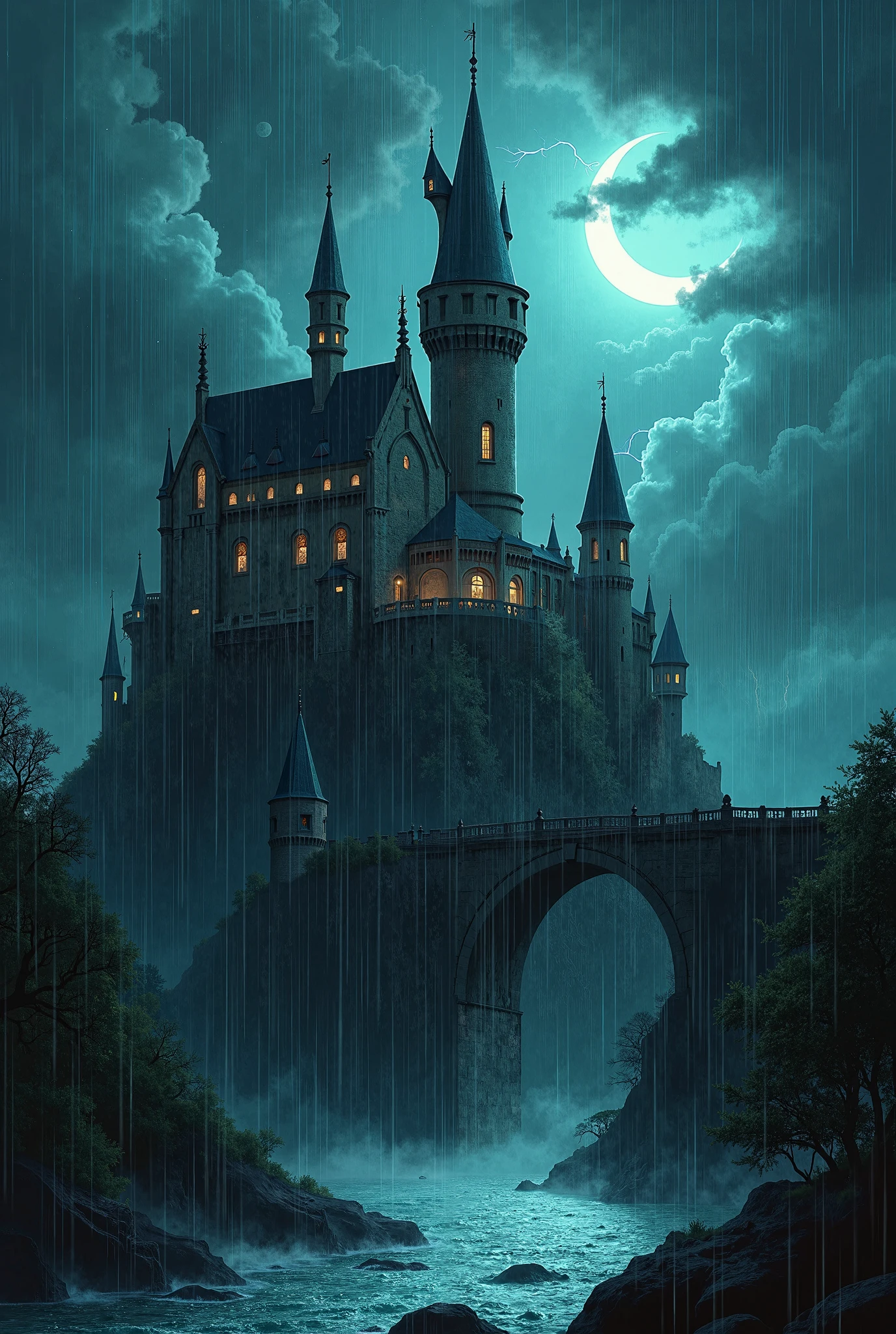 Nighttime scene of a castle with a bridge and a full moon - SeaArt AI