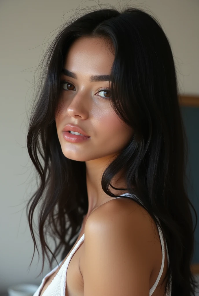 Black hair, pretty face, early 20s British girl facing the camera ...