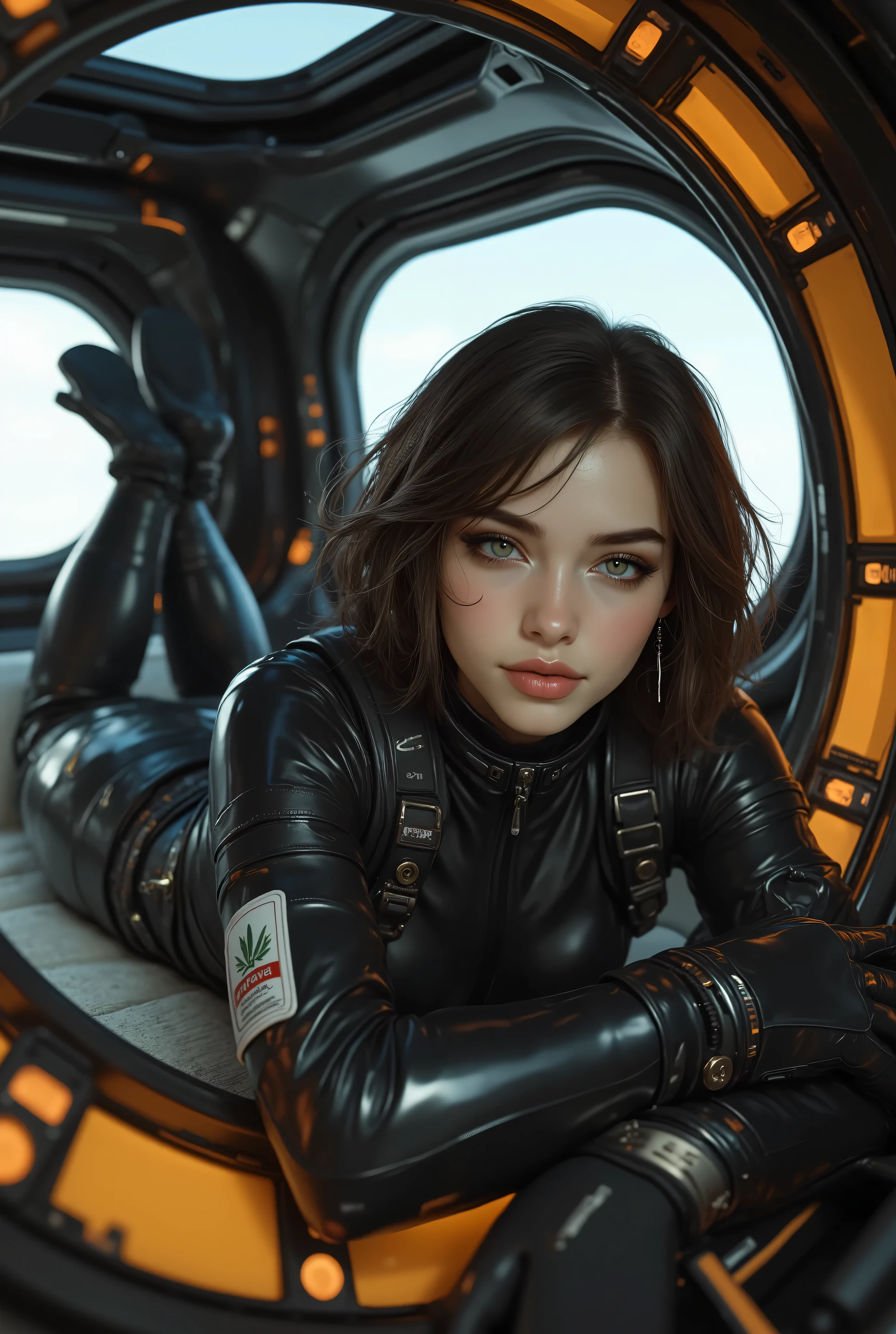 There is a woman in a black leather outfit posing for a picture - SeaArt AI