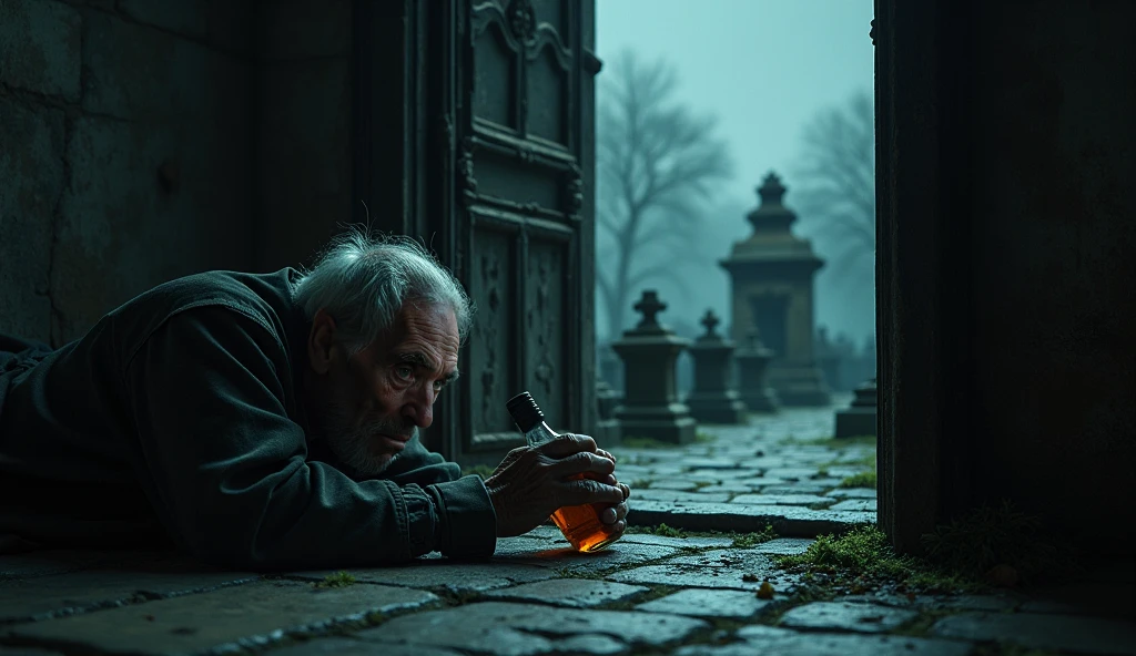 Scary old drunk lying in a cemetery - SeaArt AI