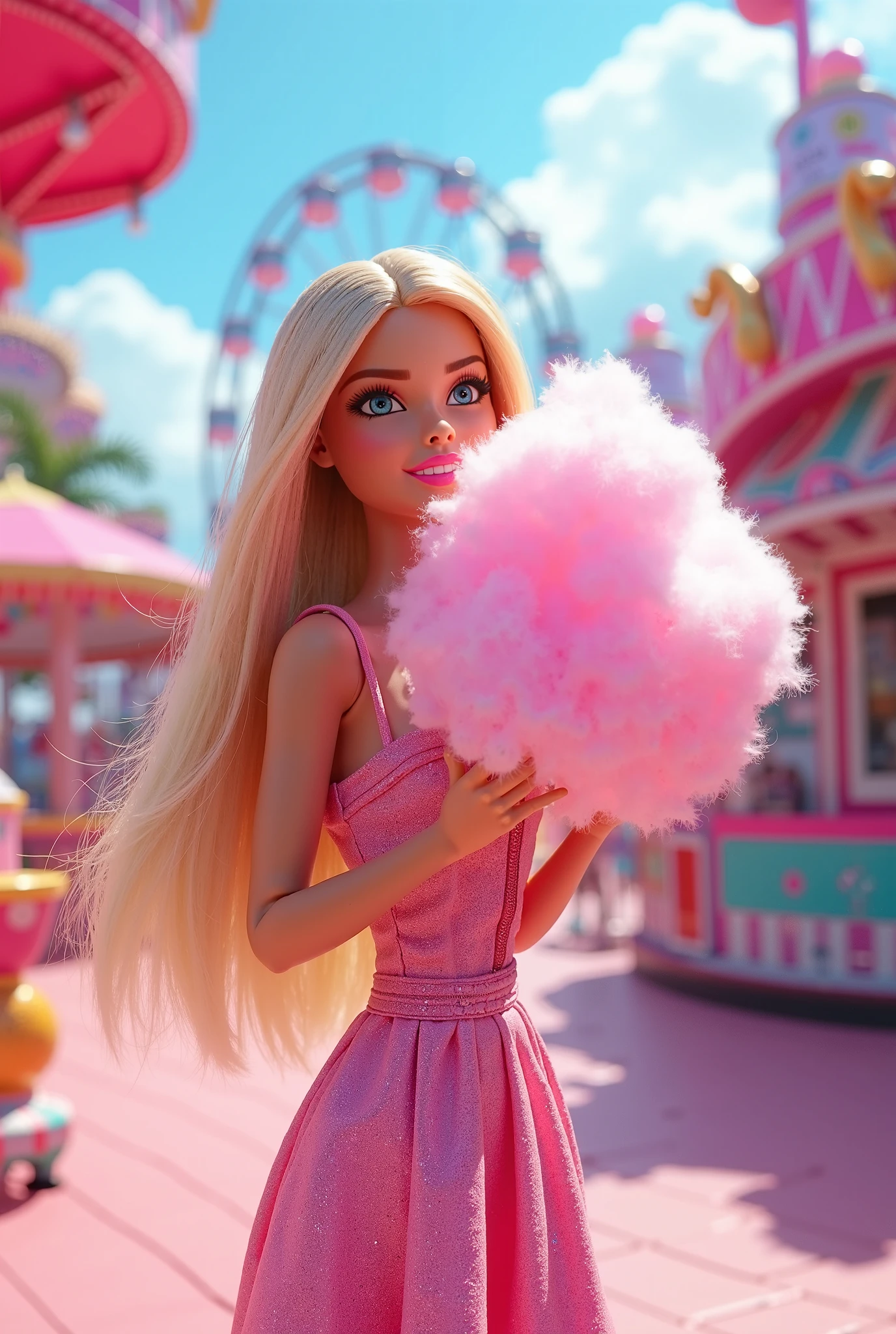 Barbie doll holding a pink cotton floss in front of a carnival - SeaArt AI