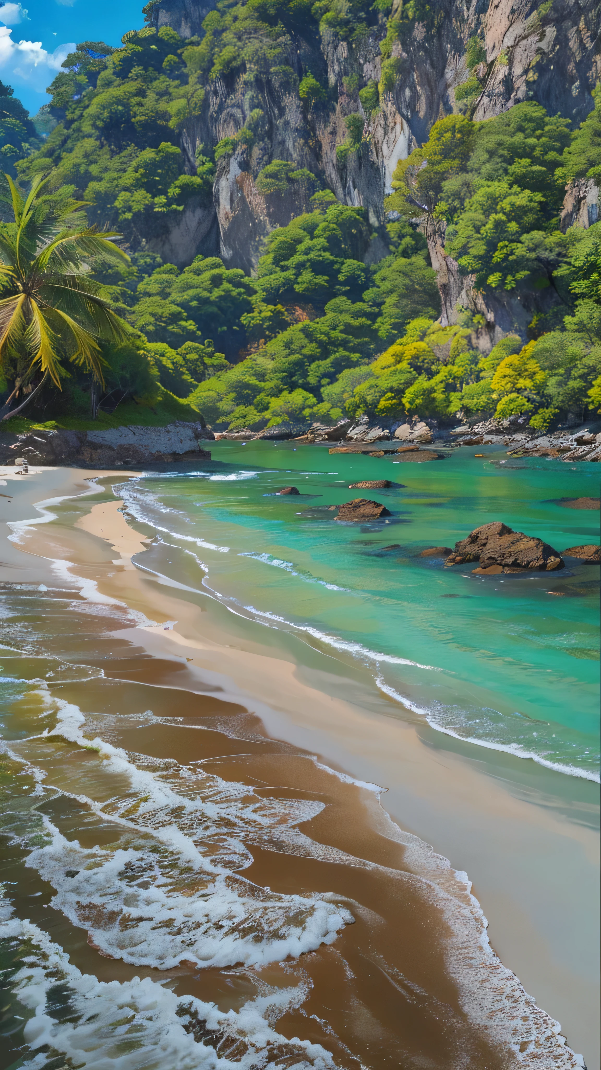 Painting of a beach with a mountain in the background - SeaArt AI