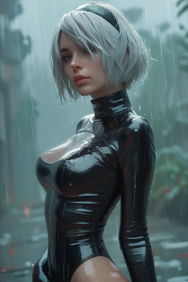 Creame a 2b by NieR automaton dressed in tight latex, wet by the rain ...