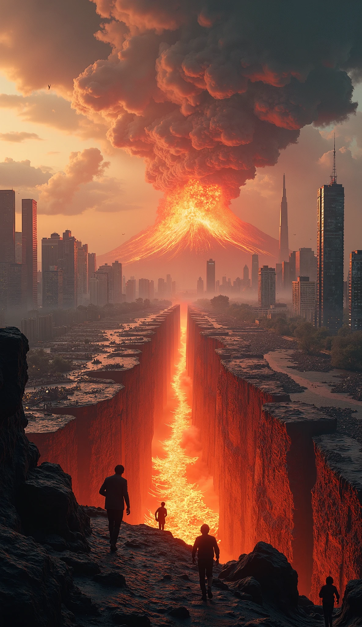 There are people standing on a cliff looking at a huge volcano - SeaArt AI